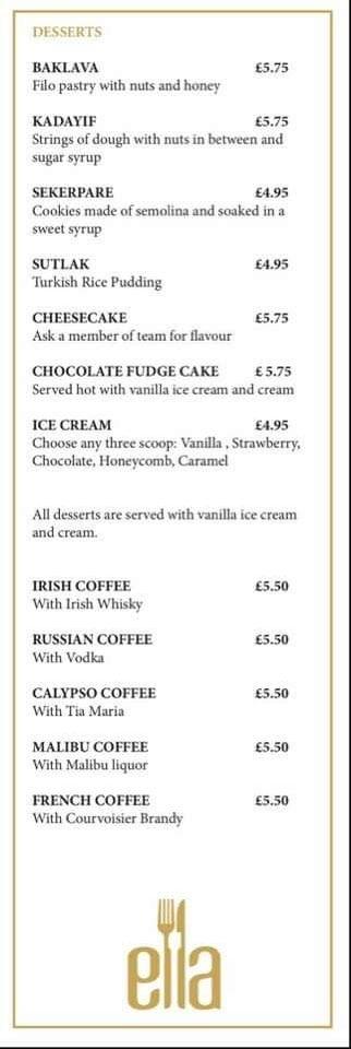 Menu at Ella Turkish Charcoal Grill restaurant, Wallasey