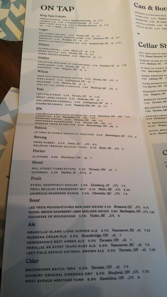 Menu at King Taps King Street pub & bar, Toronto