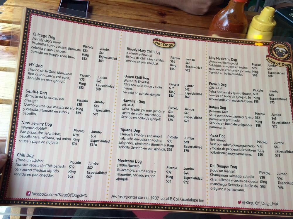 Menu at King of Dogs restaurant, Mexico City