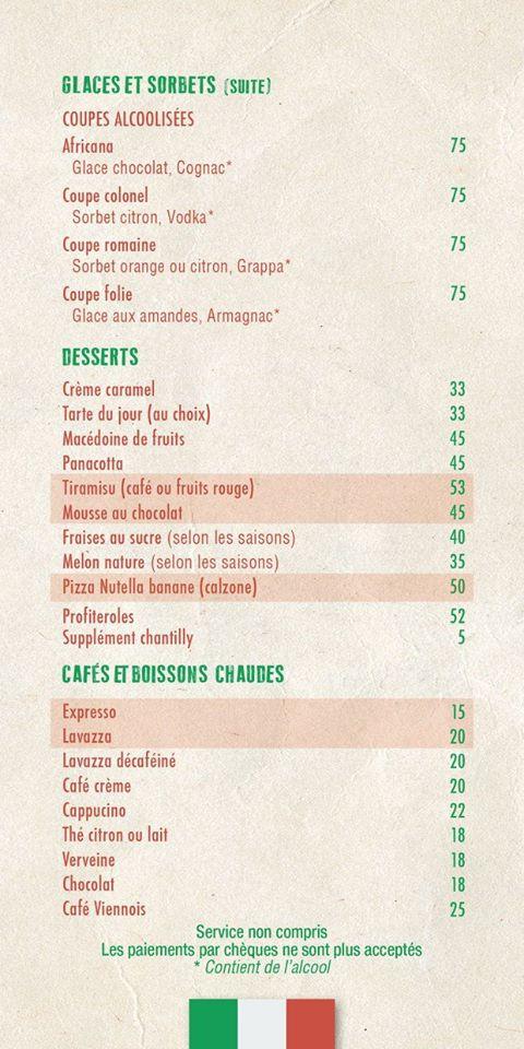 Menu at La Mamma’s Pizza restaurant, Rabat