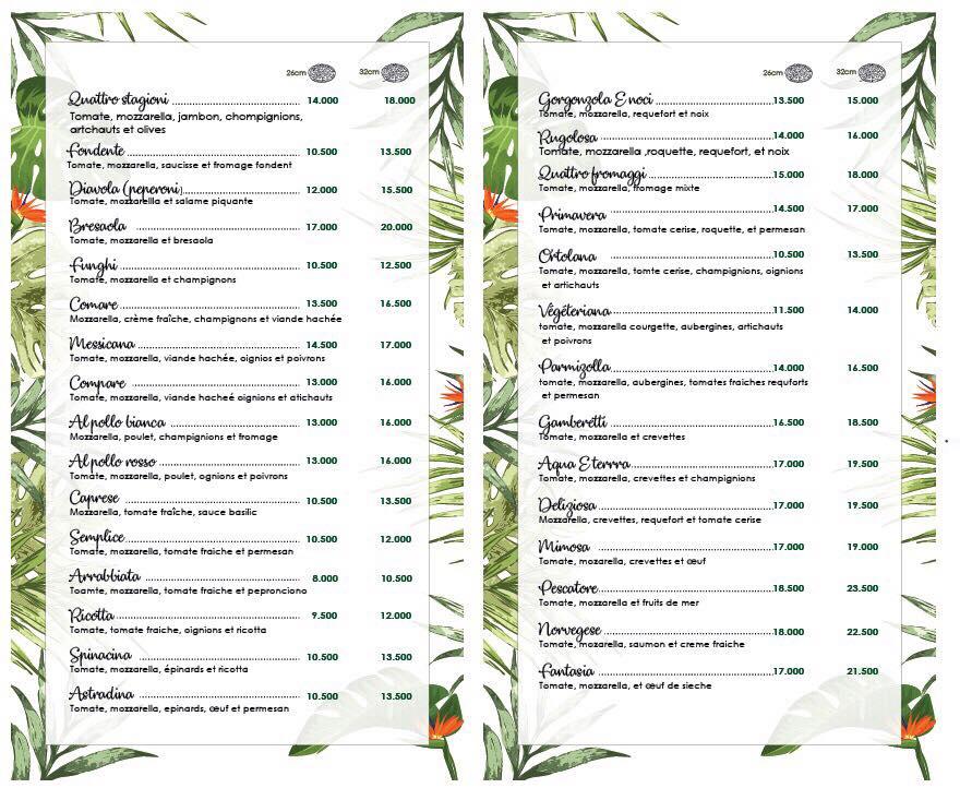Menu au La Margherita restaurant, Marsa, 46 Bis