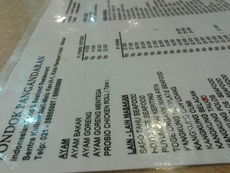 Menu at Pondok Pangandaran restaurant, Bekasi Regency, RX5F+QG2