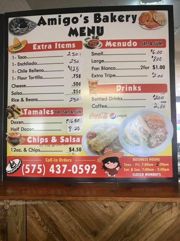 Menu at Amigos Panaderia Bakery, Alamogordo