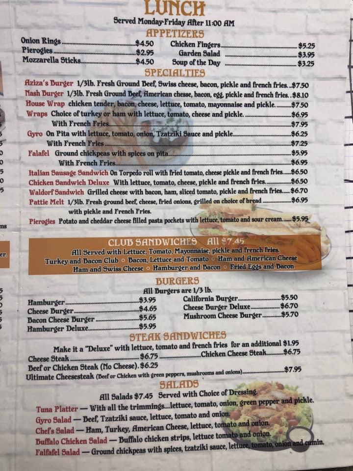 Menu at Aziza's Restaurant, Hainesport