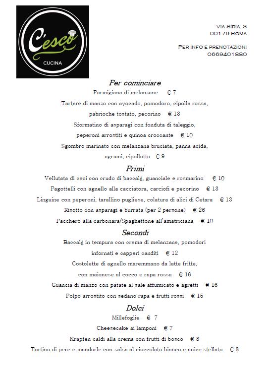 Menu at C'esco Cucina restaurant, Rome