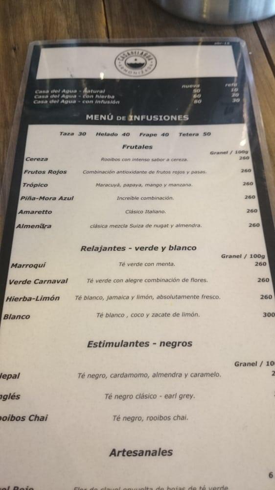 Menu at Casa del Agua, Mexico City, Puebla 242 Col. Roma Norte