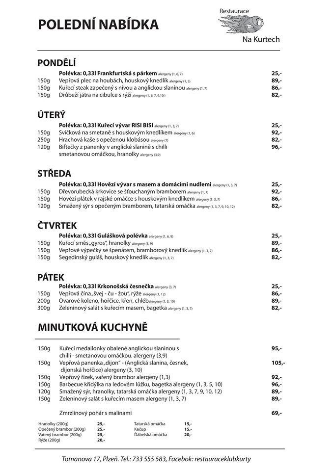 Menu at Restaurace Na kurtech restaurant, Pilsen, Tomanova 2703