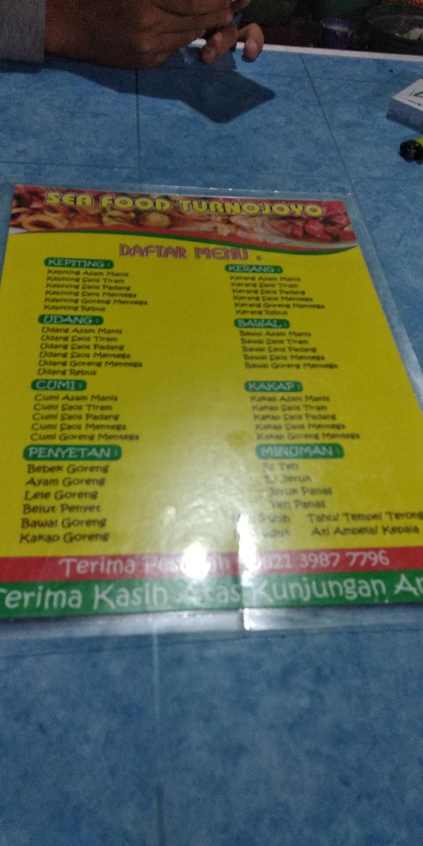 Menu at Sari Laut Trunojoyo restaurant, Malang