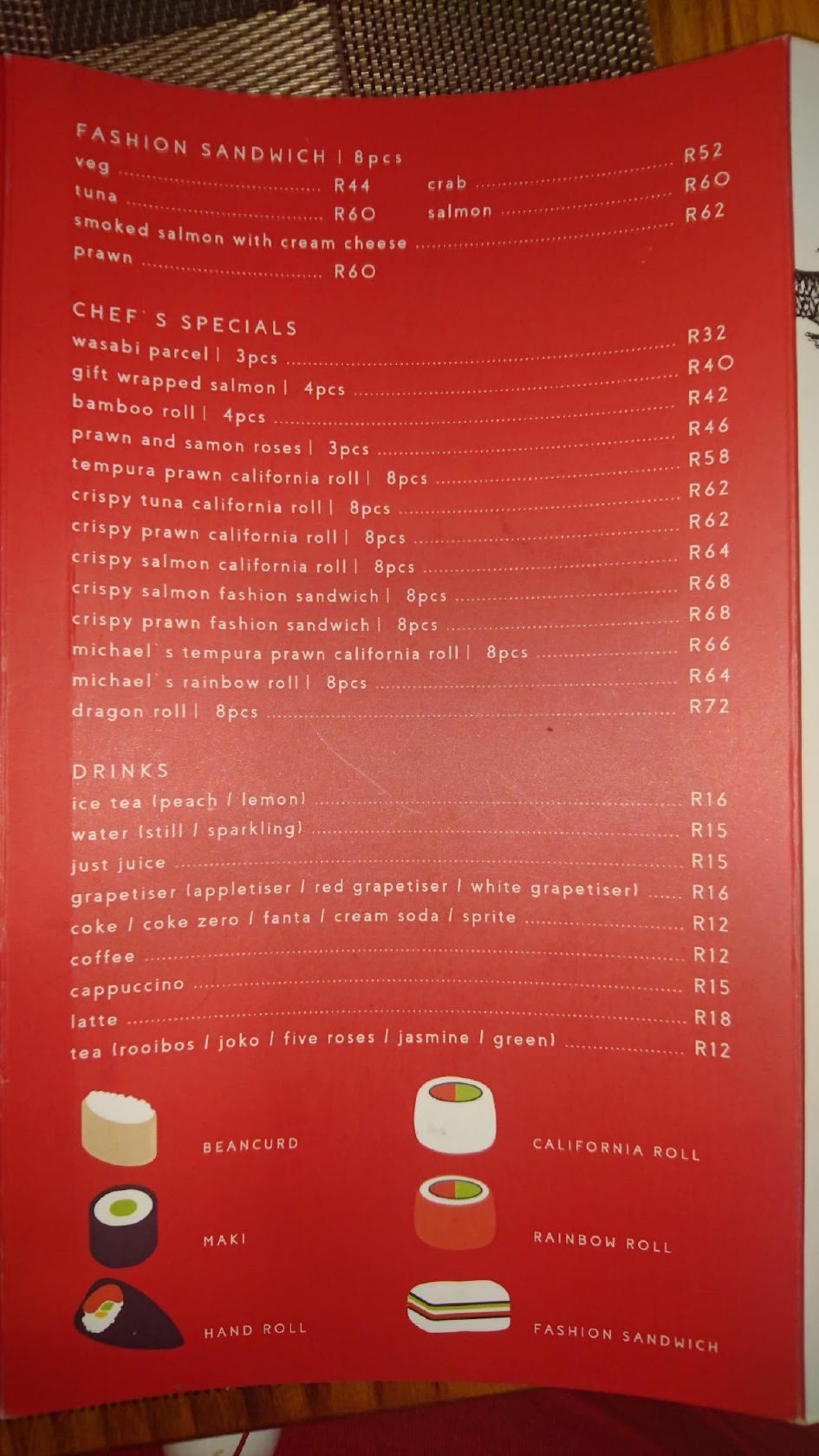 Menu at Shan Sushi restaurant, George, 107 York St