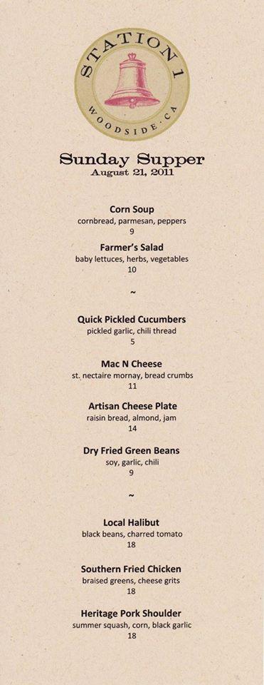 Menu at Station 1 Restaurant, Redwood City