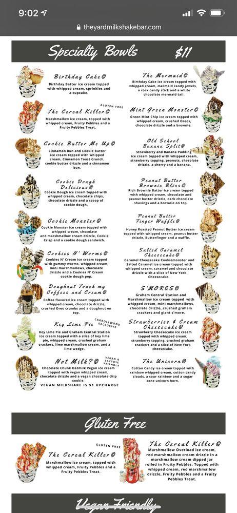 Menu at The Yard Milkshake Bar Tampa, Tampa