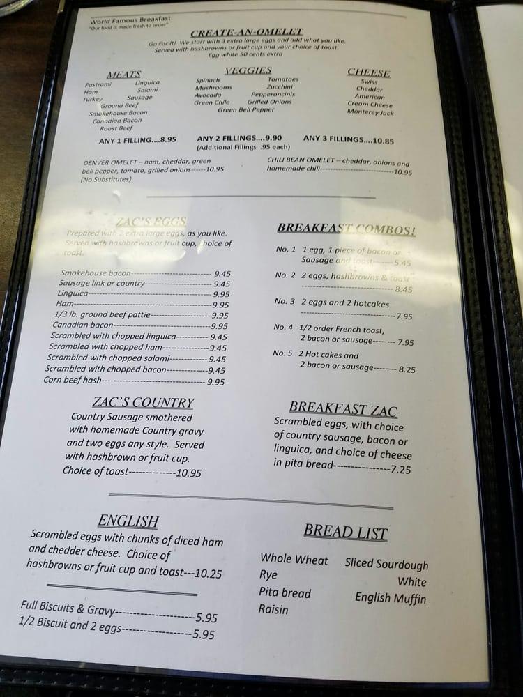 Menu at Zac's Cafe, Dublin