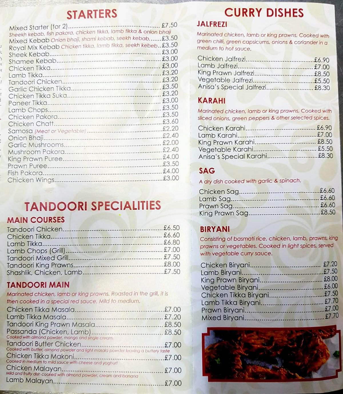 Menu at Anisa's Takeaway restaurant, Normanton