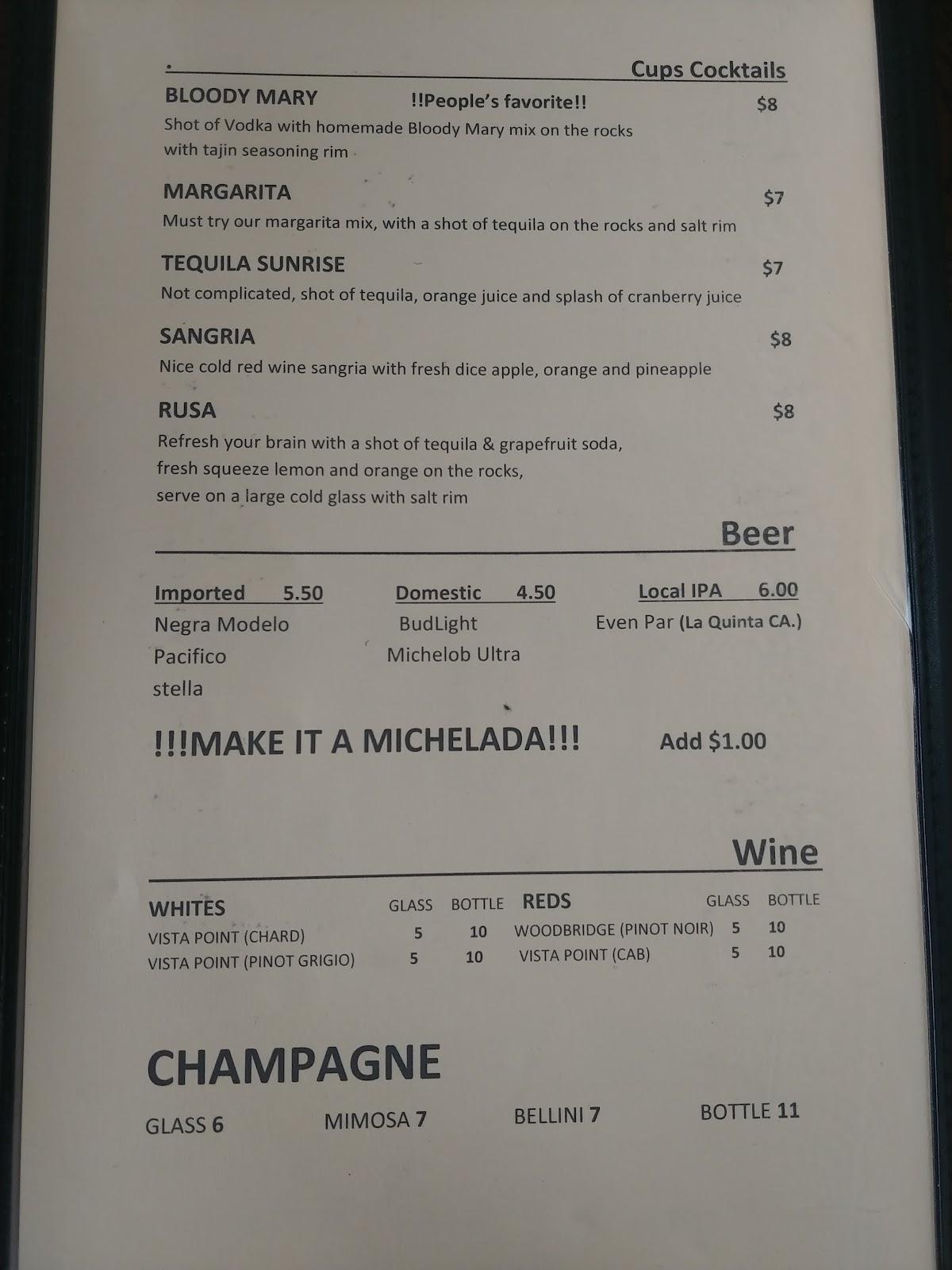 Menu at Cups Cafe, Palm Desert
