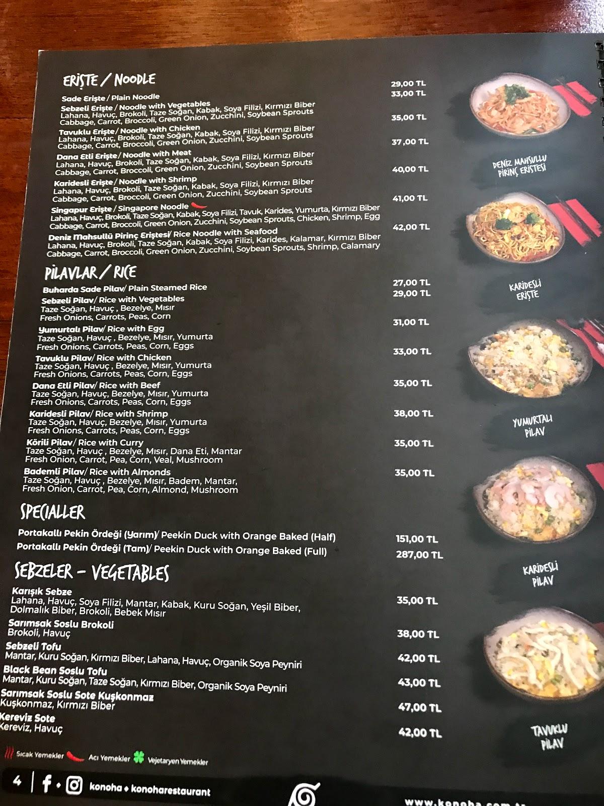 Menu at Konoha Etiler, Istanbul