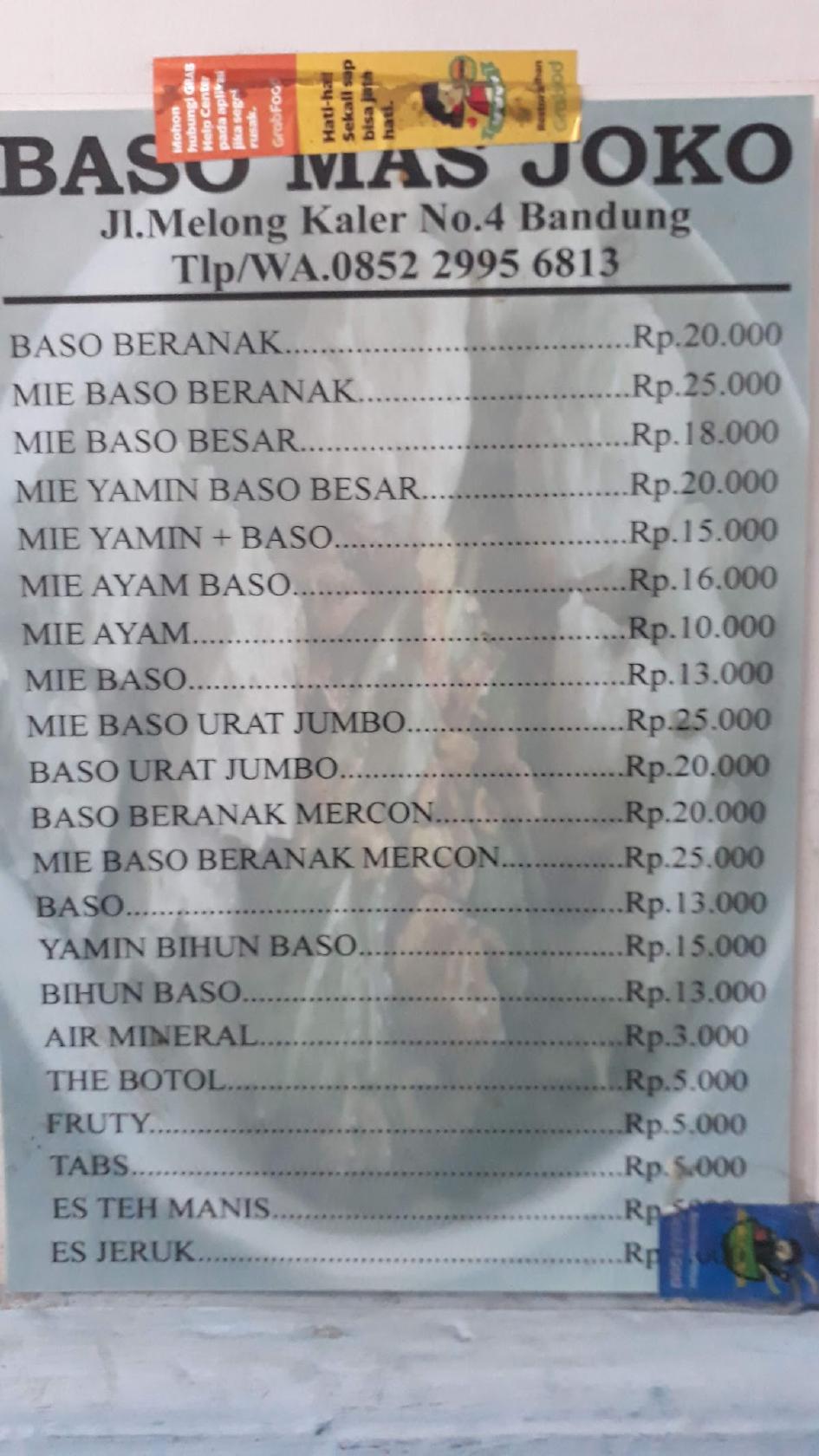 Menu at Mie Baso "Mas Joko" restaurant, Bandung