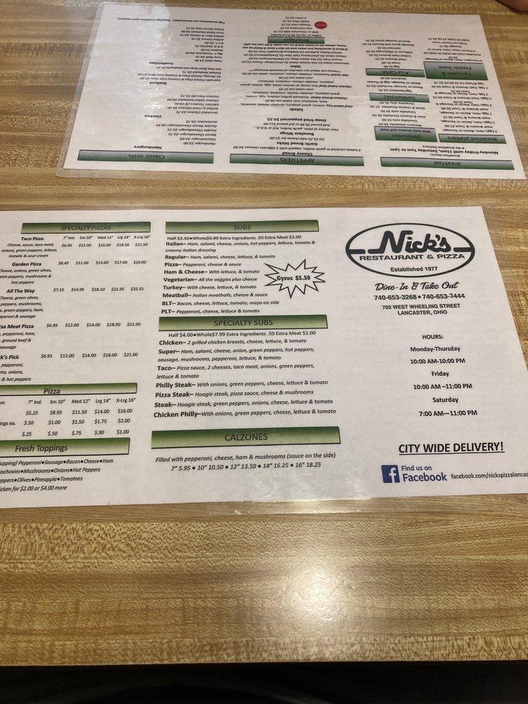 Menu at Nick's Restaurant & Pizza, Lancaster