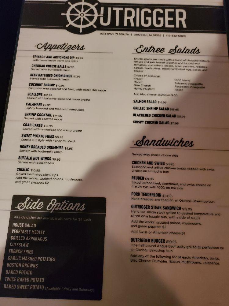 Menu at Outrigger Restaurant & Lounge, Okoboji