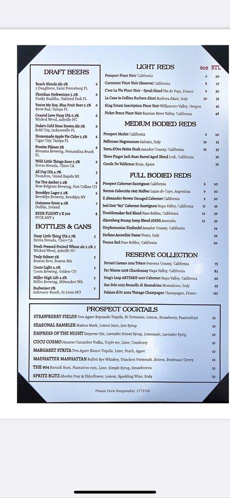 Menu at Prospect five points pub & bar, Jacksonville, Margaret St