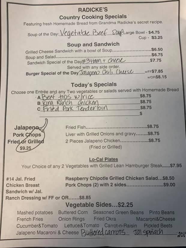Menu at Radicke's Bluebonnet Grill restaurant, San Antonio