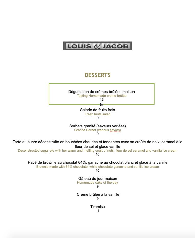 Menu at Restaurant Louis & Jacob, Laval