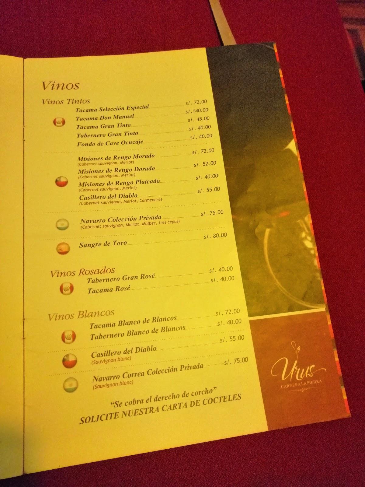 Carta de Restaurant Urus, Tacna, Avda. Leguía 1105