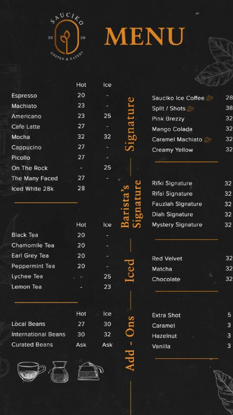 Menu at Sauciko (Saung Cikunir Kopi) restaurant, Bekasi Regency