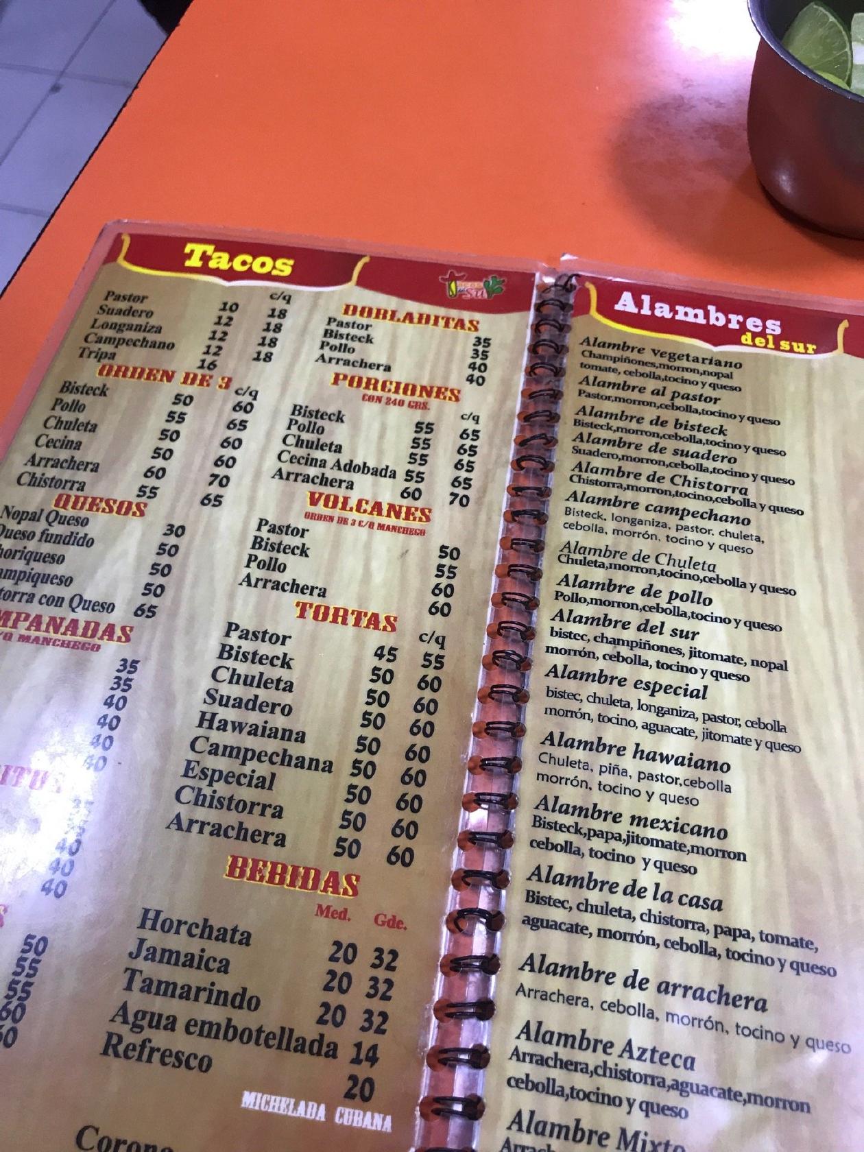 Menu at Tacos del Sur restaurant, Mexico City, Av. José Martí 265
