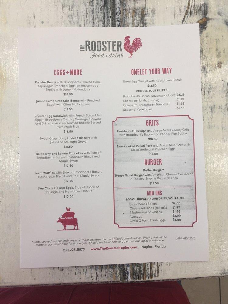 Menu at The Rooster Food+Drink restaurant, Naples
