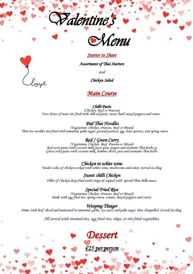 Menu at Weeping Thaiger Restaurant, Carlow