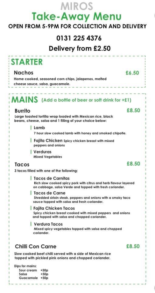 Menu at Miros Cantina Mexicana restaurant, Edinburgh