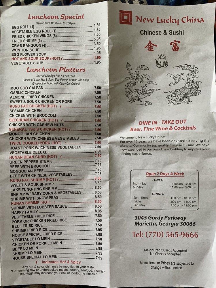 Menu at New Lucky China restaurant, Marietta, Gordy Pkwy