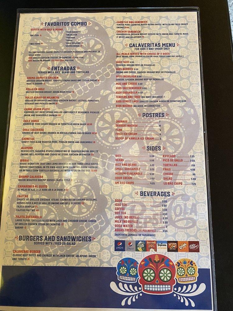 Menu at Tres Calaveras restaurant, Cameron Park