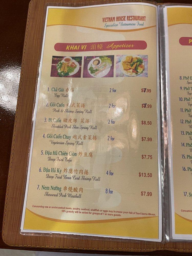 Menu at Vietnam House restaurant, Tukwila