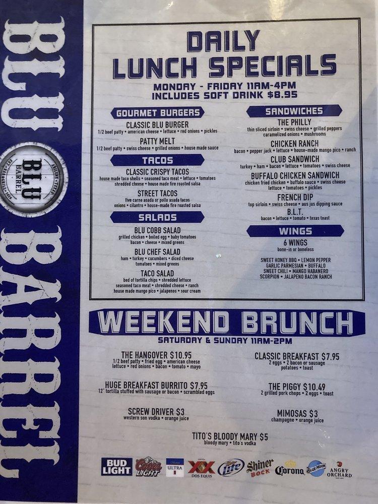 Menu at Blu Barrel Bar & Grill, Abilene, S Treadaway Blvd