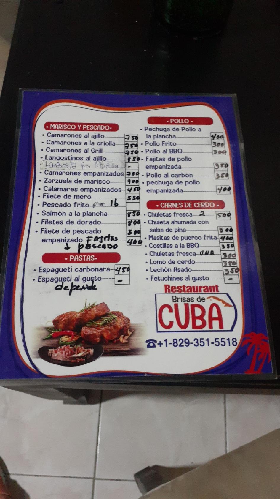 Menu at Brisas de Cuba restaurant, Punta Cana