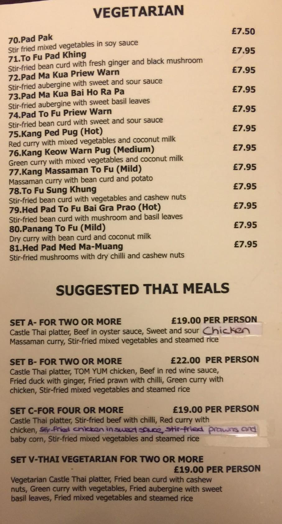 Menu at Castle Thai restaurant, Shrewsbury