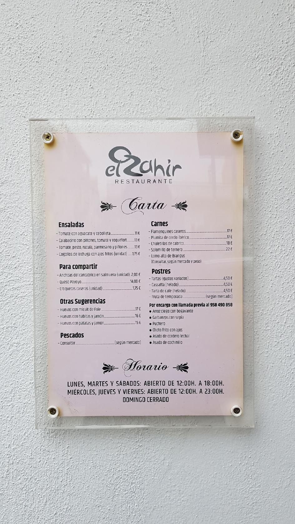 Carta del restaurante El Zahir, Albolote