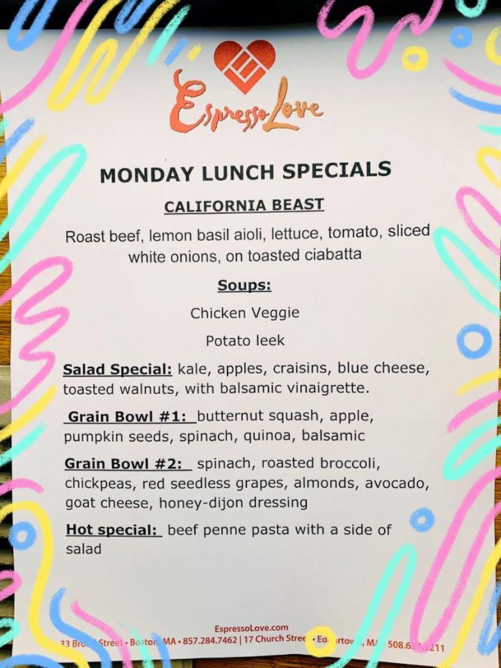 Menu at Espresso Love cafe, Boston, 33 Broad St