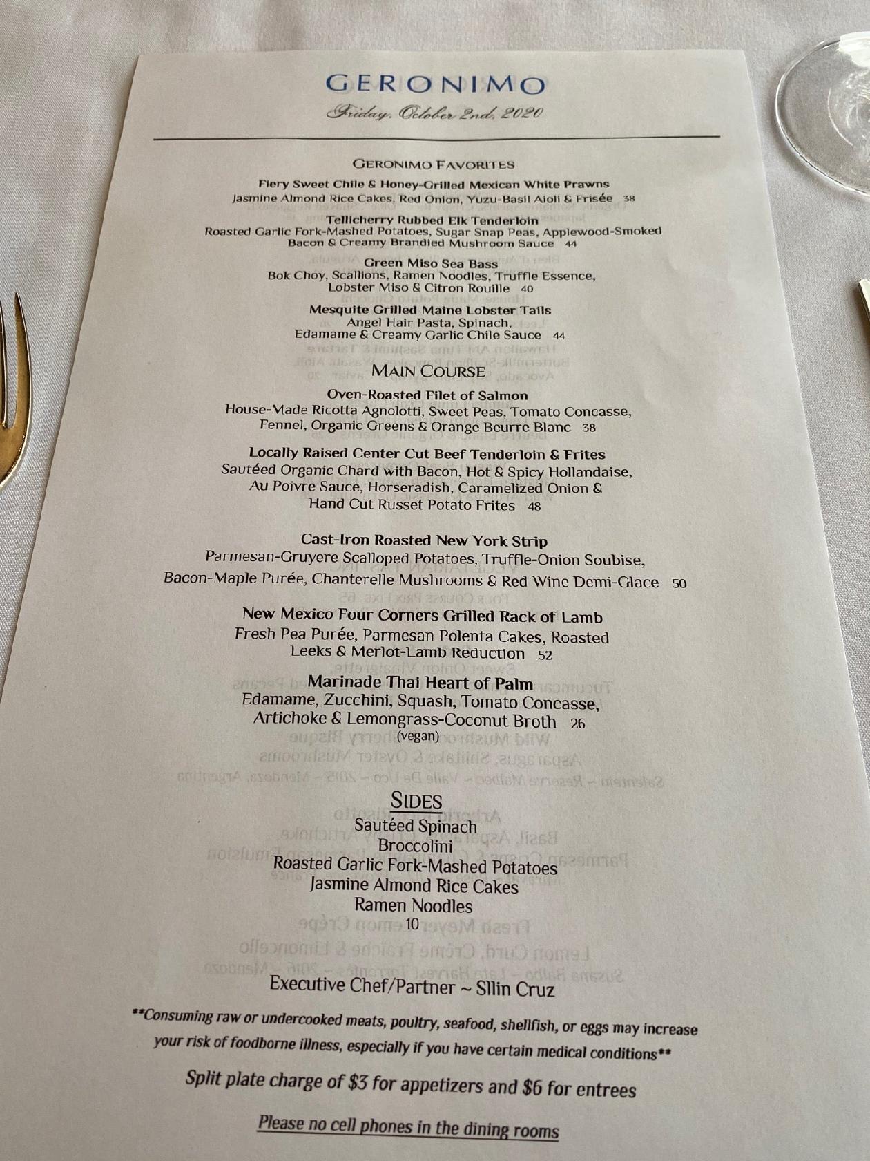 Menu at Geronimo restaurant, Santa Fe