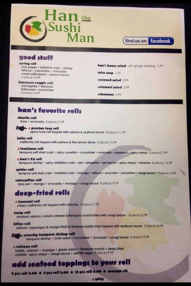 Menu at Han the Sushi Man restaurant, Joplin