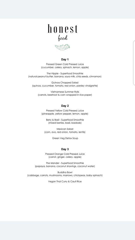 Menu at Honest Food restaurant, Johannesburg