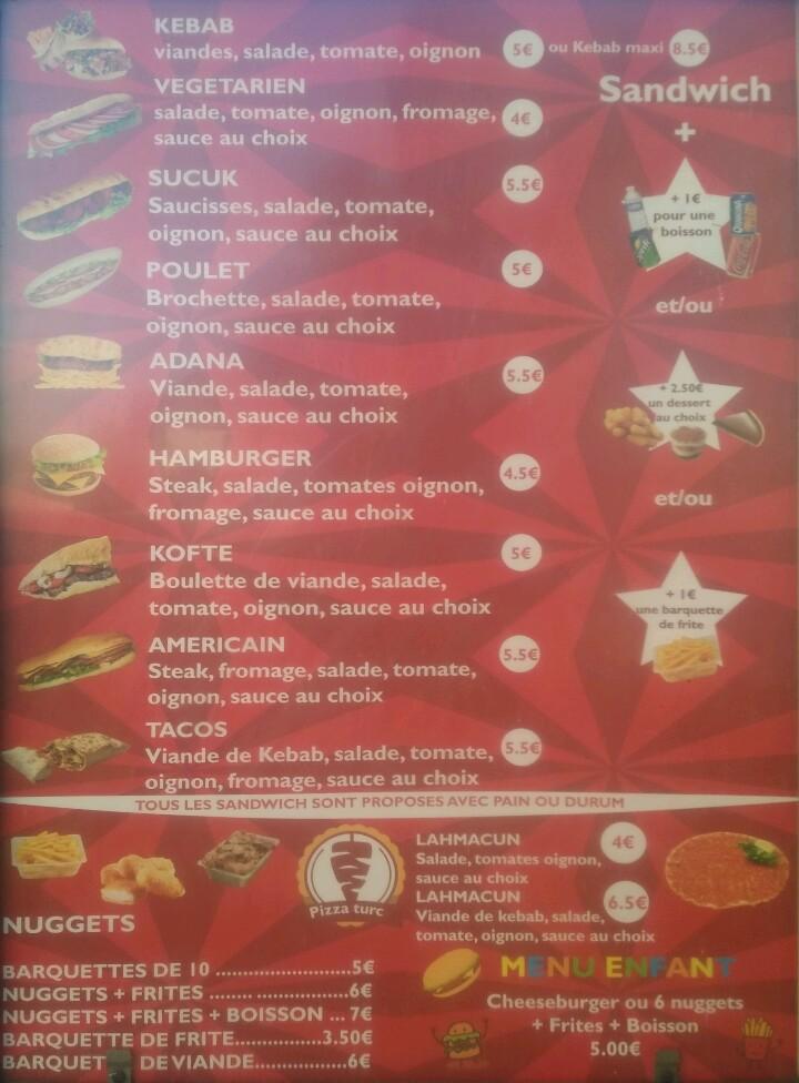 Menu au KAYA-KEBAB restaurant, Arc-et-Senans