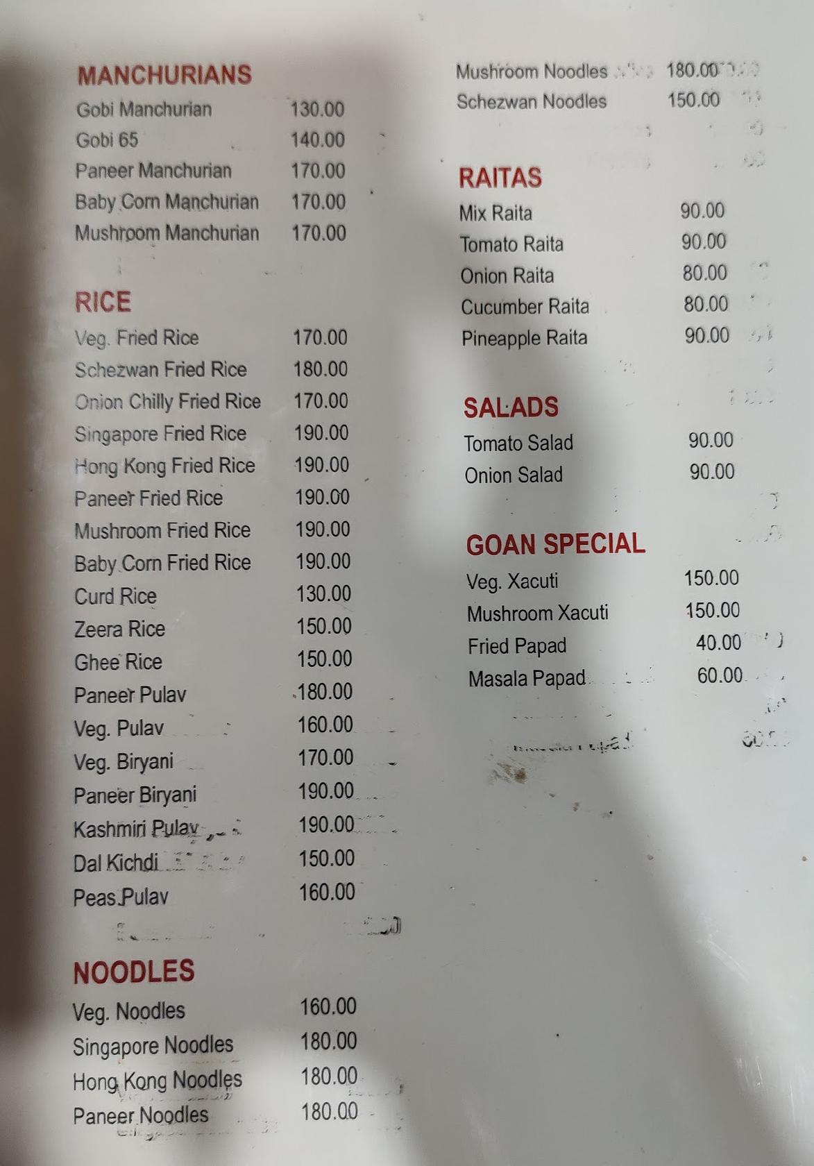 Menu at Kamat Canteen, Bambolim
