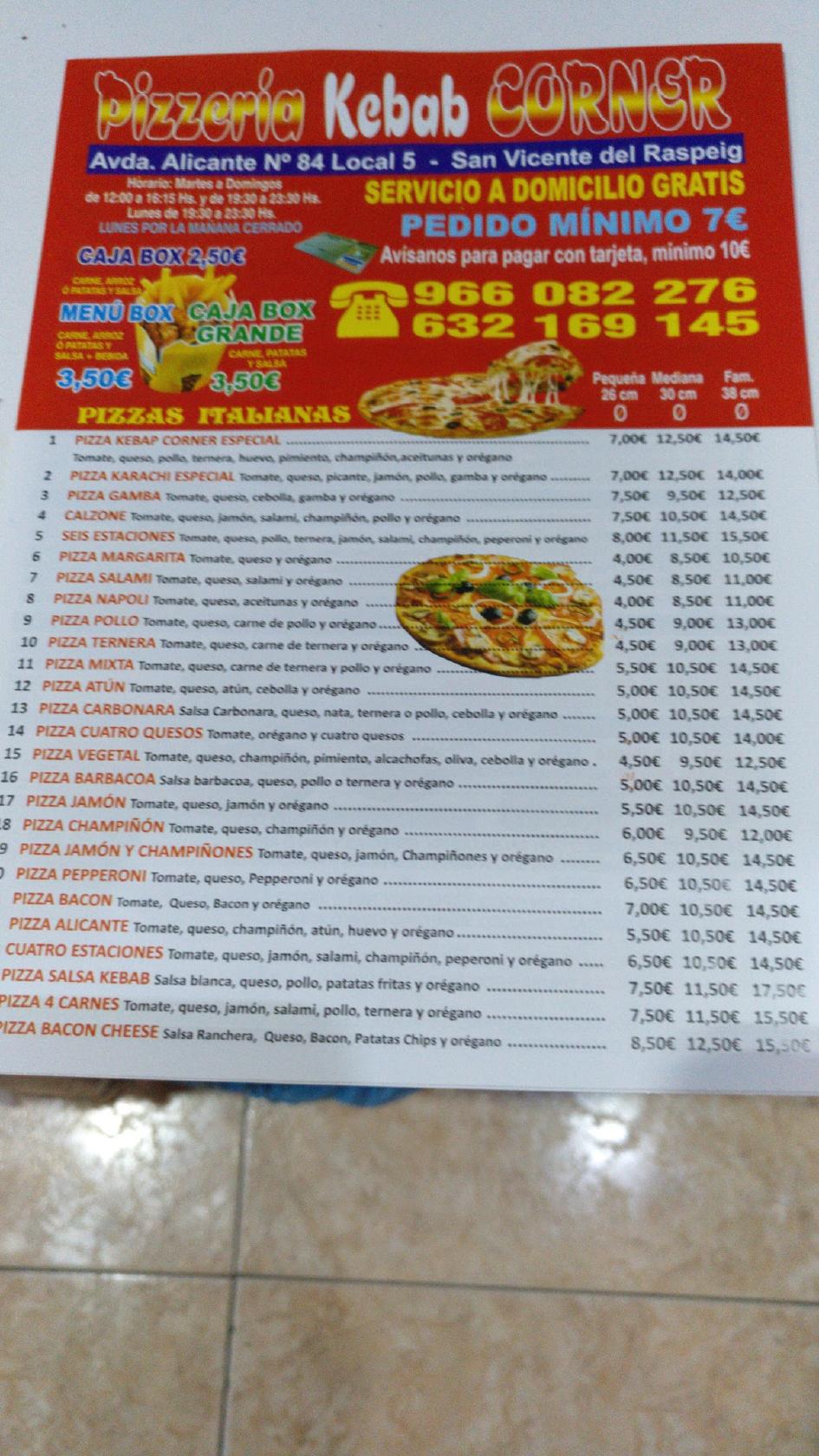 Carta del restaurante Kebab Corner, San Vicente del Raspeig