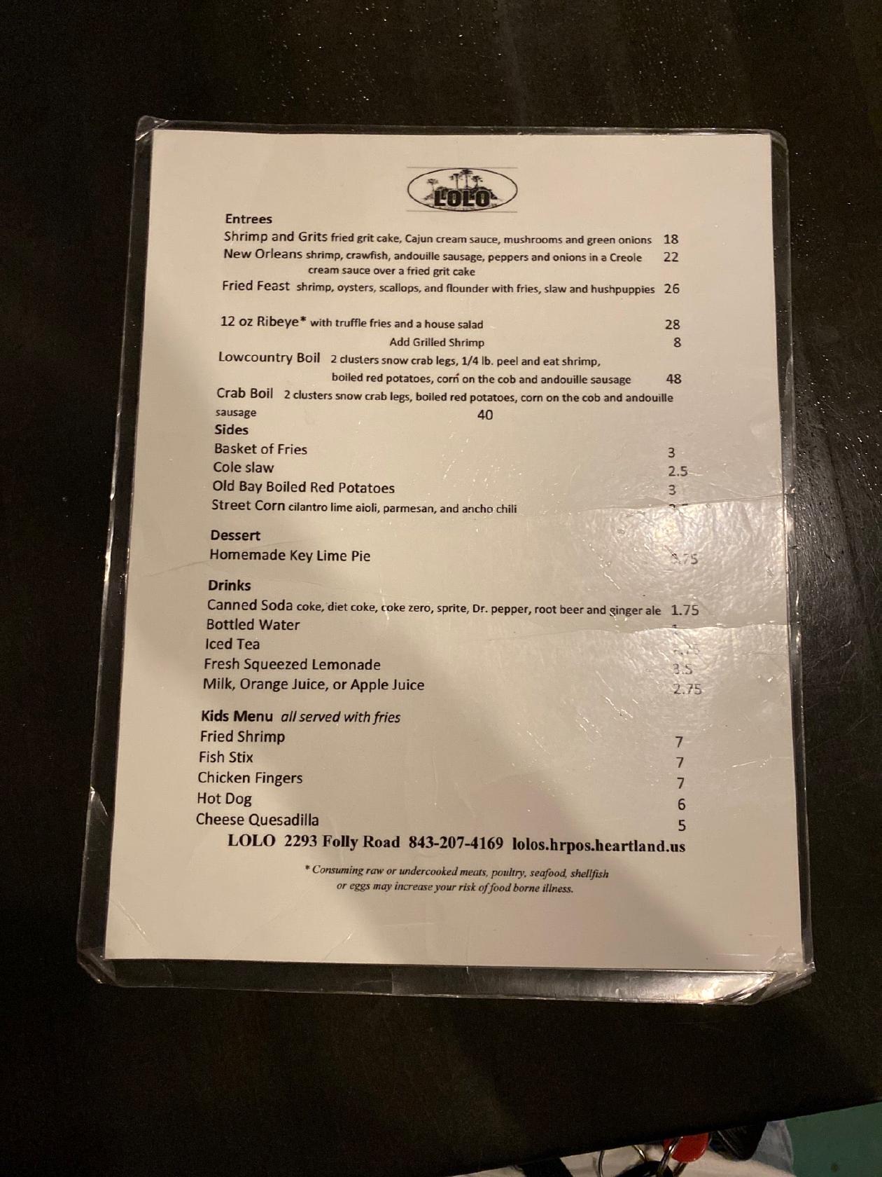 Menu at LoLo's restaurant, Charleston, Folly Rd