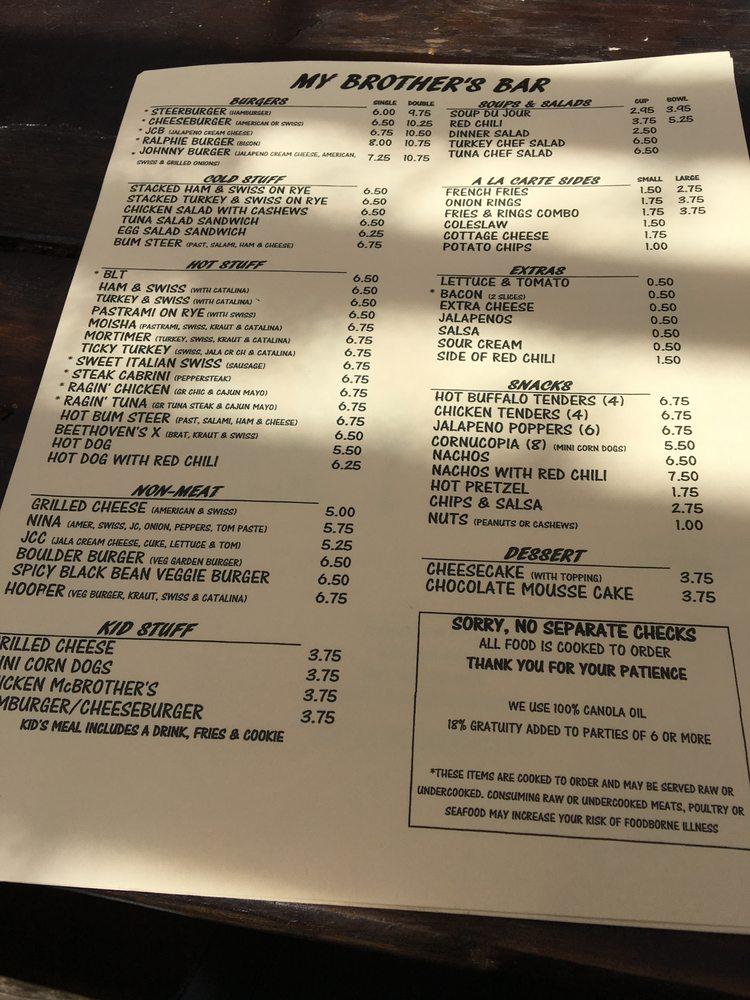 Menu at My Brother's Bar, Denver