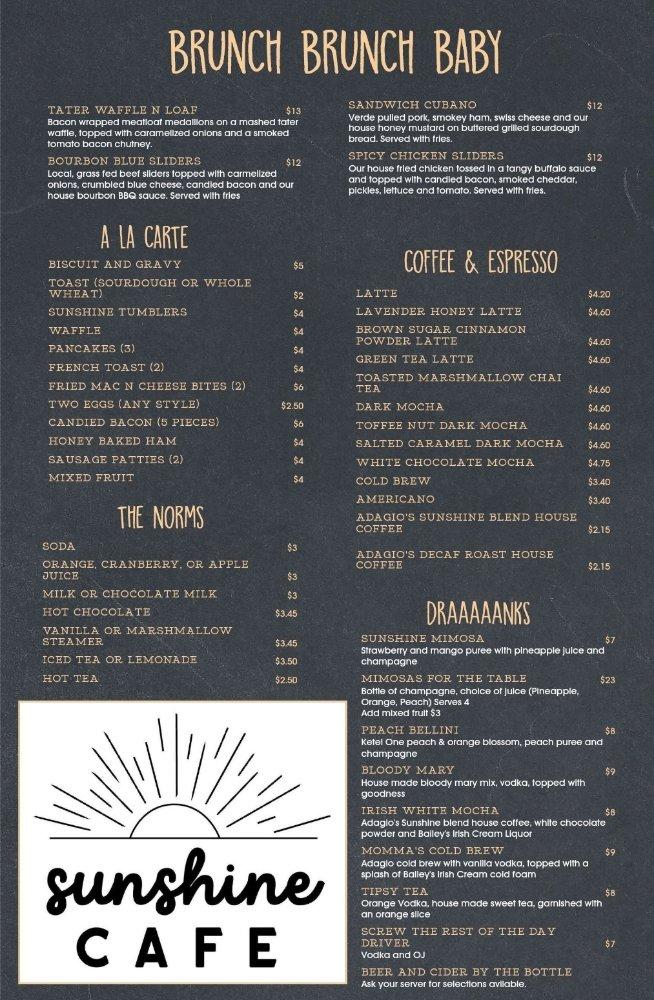 Menu at Sunshine Cafe, Sequim