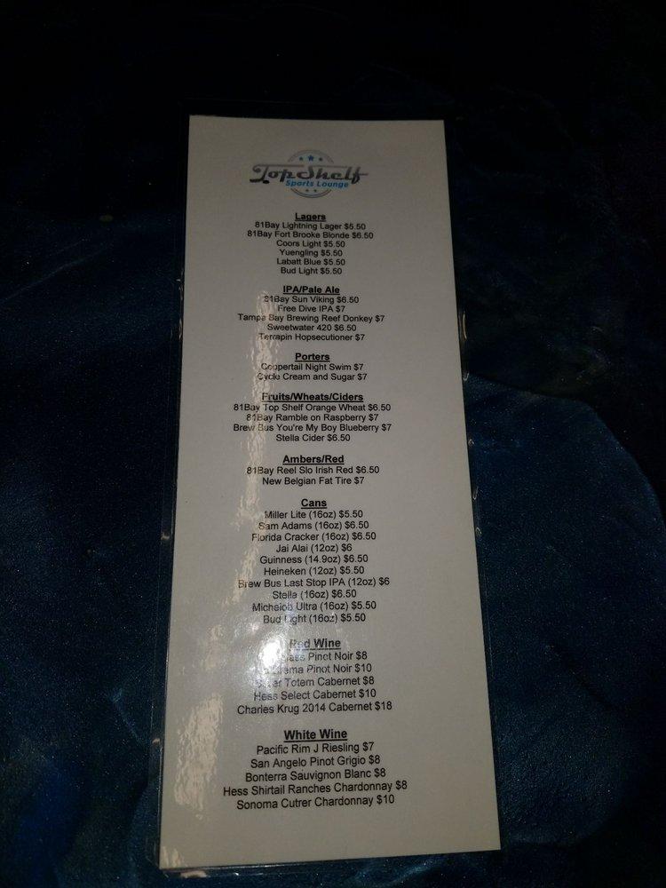 Menu at Top Shelf Sports Lounge pub & bar, Wesley Chapel