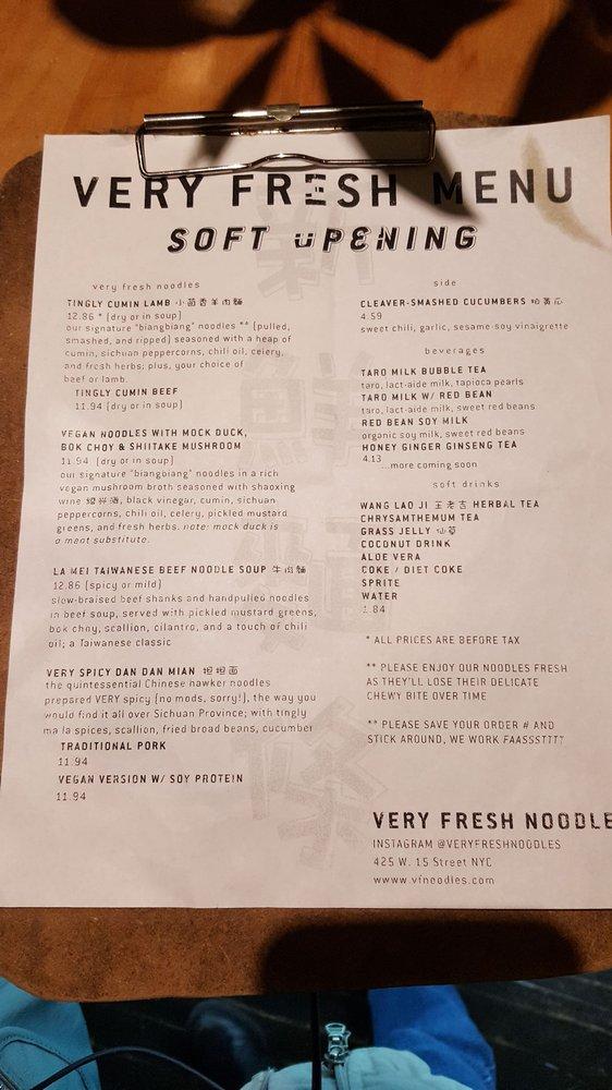 Menu at Very Fresh Noodles restaurant, New York City, 409 W 15th St